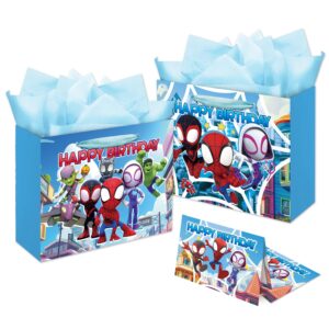 zezgers 2pcs spidey gift bag for happy birthday with handle, tissue paper and card for baby shower,classroom,birthday party decorations supplies