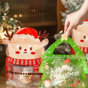 ESUOHYM Christmas Treat Bags For Kids Clear Tree Shaped Ziplock Reusable Goodie Bag Xmas Sealable Bags With Handle For Candy, Cookie, Snack, Party Supplies 10 PCS