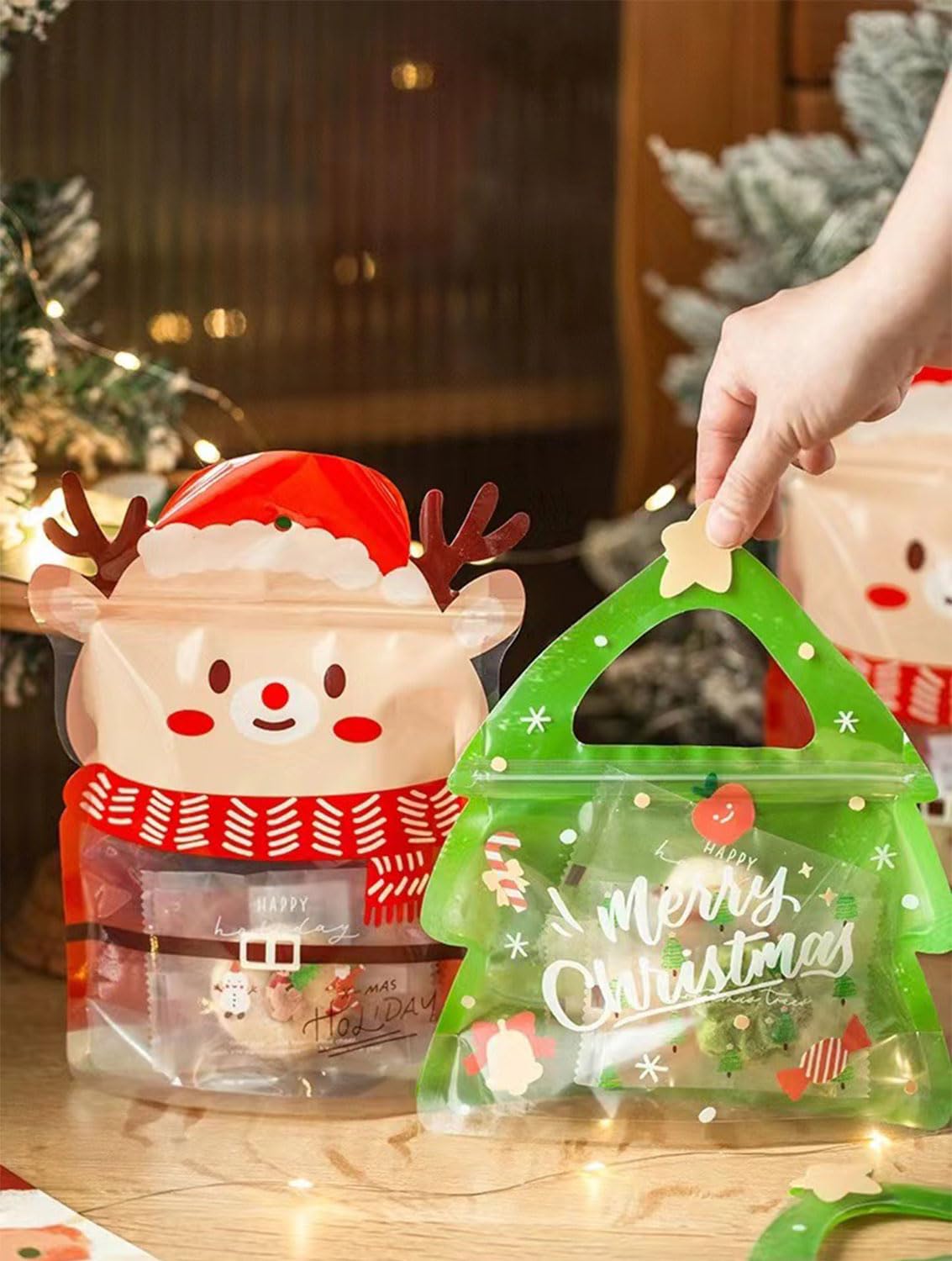 ESUOHYM Christmas Treat Bags For Kids Clear Tree Shaped Ziplock Reusable Goodie Bag Xmas Sealable Bags With Handle For Candy, Cookie, Snack, Party Supplies 10 PCS