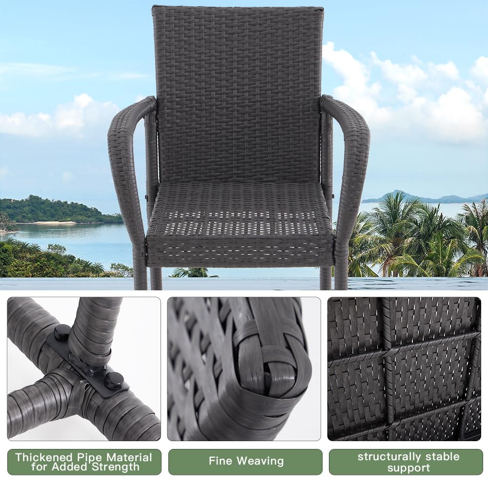 Outdoor Bar Stools Set of 2, 2-Piece Patio Bar Stools with Armrests, All Weather Rattan Bar Chairs with Backrest, Wicker Bar Stools for Backyard, Garden, Pool, Balcony and Deck, Dark Grey