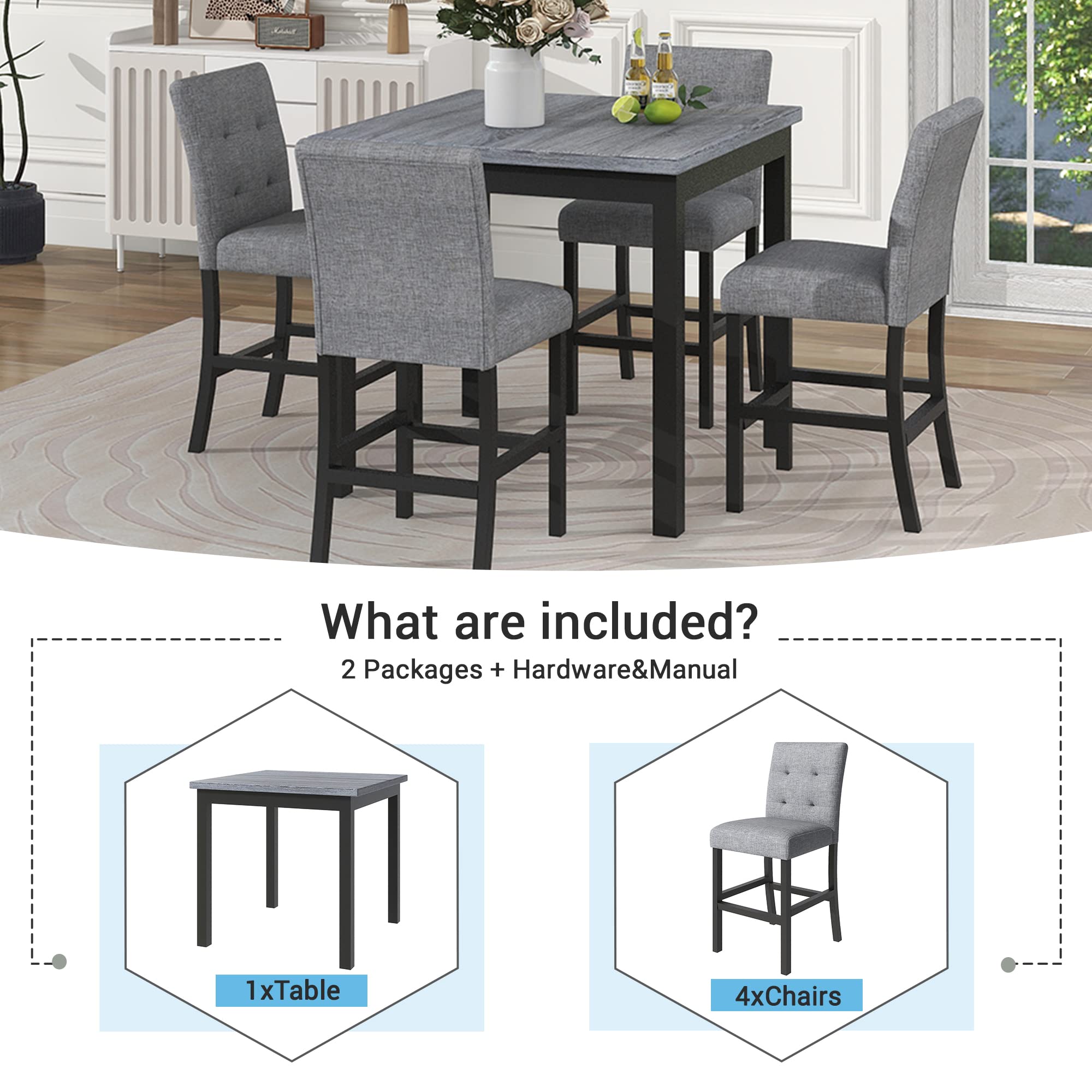 Harper & Bright Designs 5-Piece Counter Height Dining Set,Wood Square Dining Room Table and Chairs Stools with Footrest & 4 Upholstered High-Back Chairs,Kitchen Dining Furniture(Black)