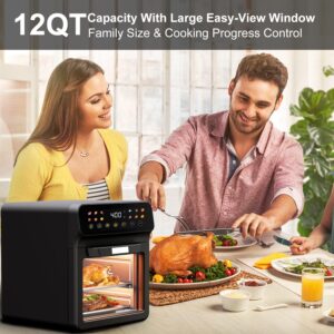 Vaparinckl Air Fryer Toaster Oven Combo, 12Qt Large Family Size, Large Easy-View Window, Digital Touchscreen With 12 Presets, Auto Shutoff, Nonstick, Dishwasher-Safe, Bake, Roast, Reheat, Black