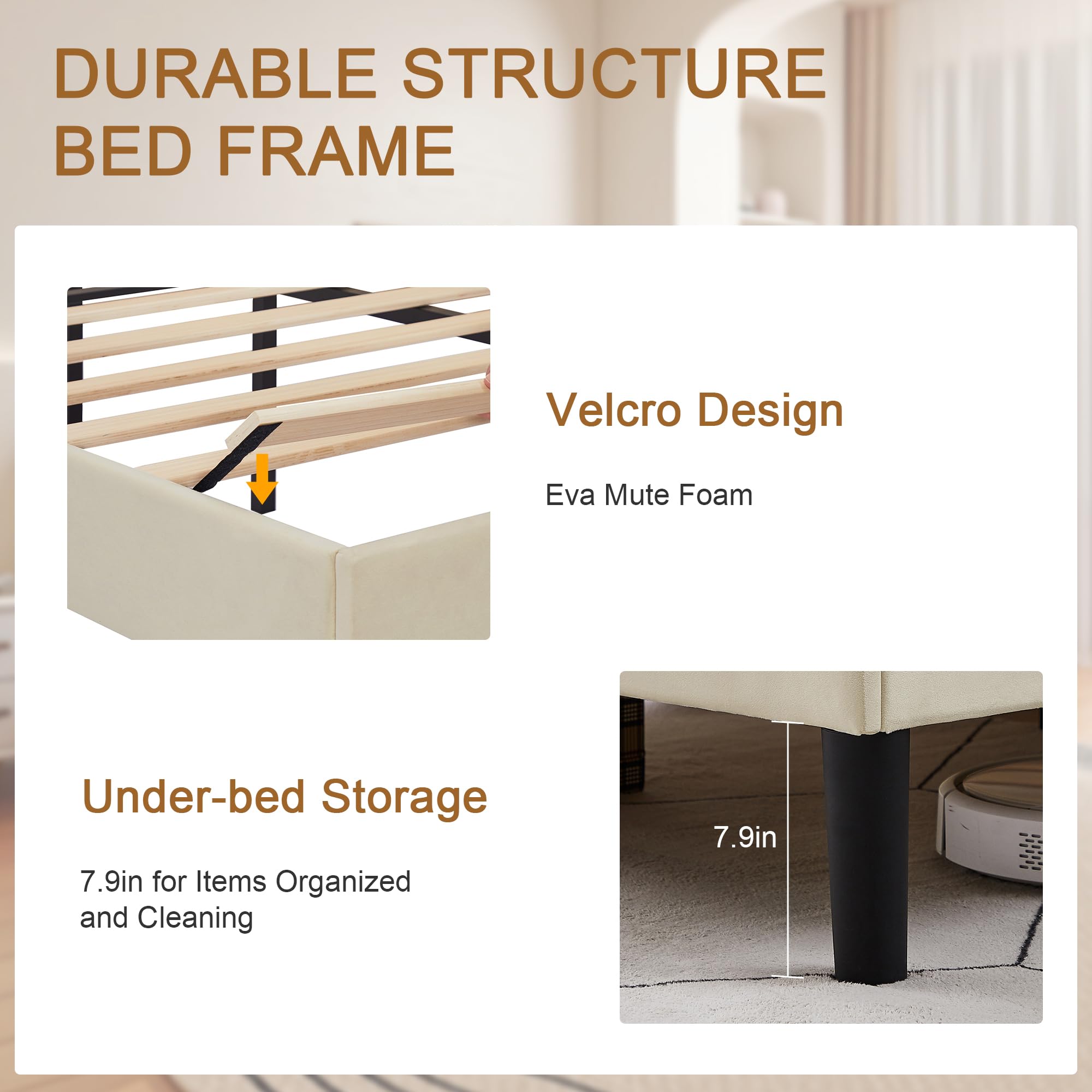 VECELO Queen Bed Frame Platform Bed Frame with Upholstered Headboard, Strong Frame and Heavy-Duty Slats Support, Non-Slip and Noise-Free, Easy Assembly,Beige