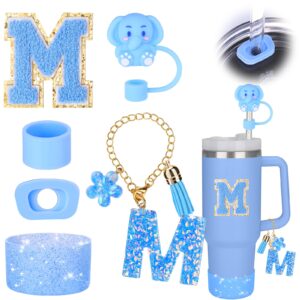 mity rain cup accessories set for stanley 30 oz 40 oz tumbler with handle, including initials charms, straw cover cap, boot, sticker, silicone spill proof stopper,blue decorate for boy girl (letter m)