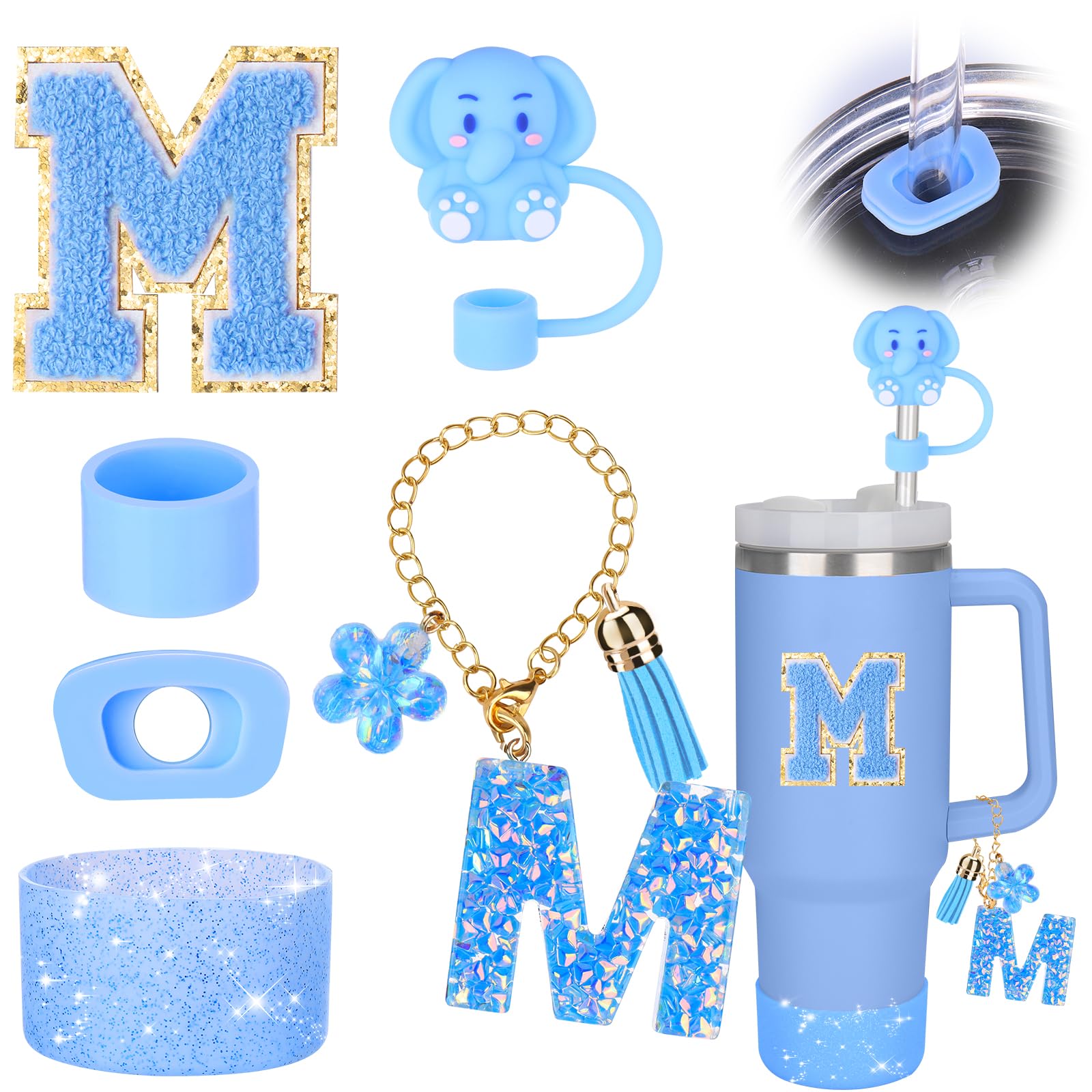 Mity rain Cup Accessories Set for stanley 30 oz 40 oz tumbler with handle, Including Initials Charms, Straw Cover Cap, Boot, Sticker, Silicone Spill Proof Stopper,Blue Decorate for Boy Girl (Letter M)