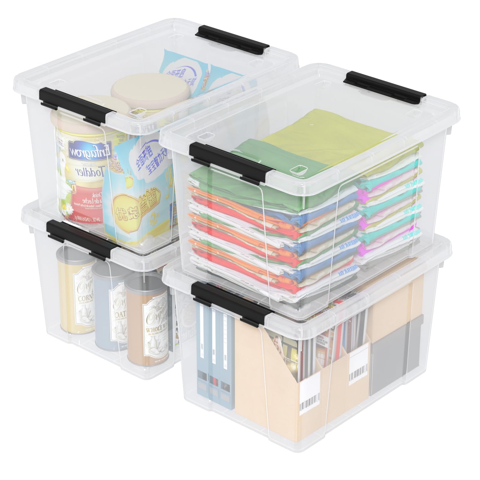 Leendines 4 Pack Plastic Lidded Storage Boxes, 34 Quart Clear Plastic Bins with Wheels