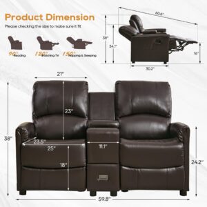 IPKIG Loveseat Recliner Sofa - RV Loveseat Recliner Wall Hugger Manual Reclining Loveseat with Console, Side Pockets and Cup Holders, Faux Leather Double Recliner Love Seat for Living Room (Brown)