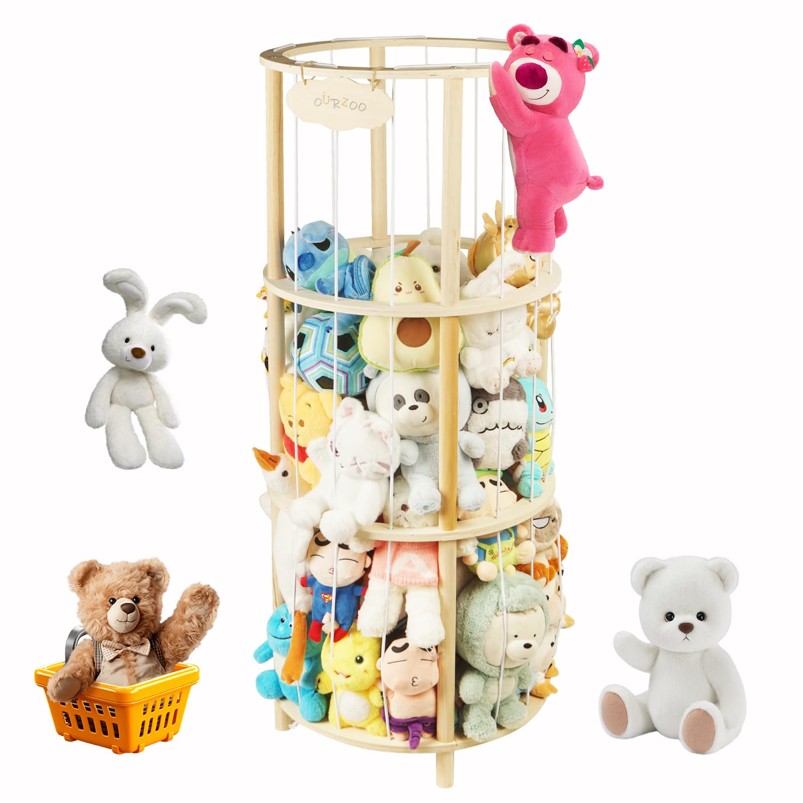 Viyuse Stuffed Animal Zoo Storage Extra Large Wooden Stuffed Animal Holder Soft Toy Organizer Nursery Zoo Cage Plush Stuffed Toy Cage Kids Playroom Bedroom Decor Display Corner Roundness