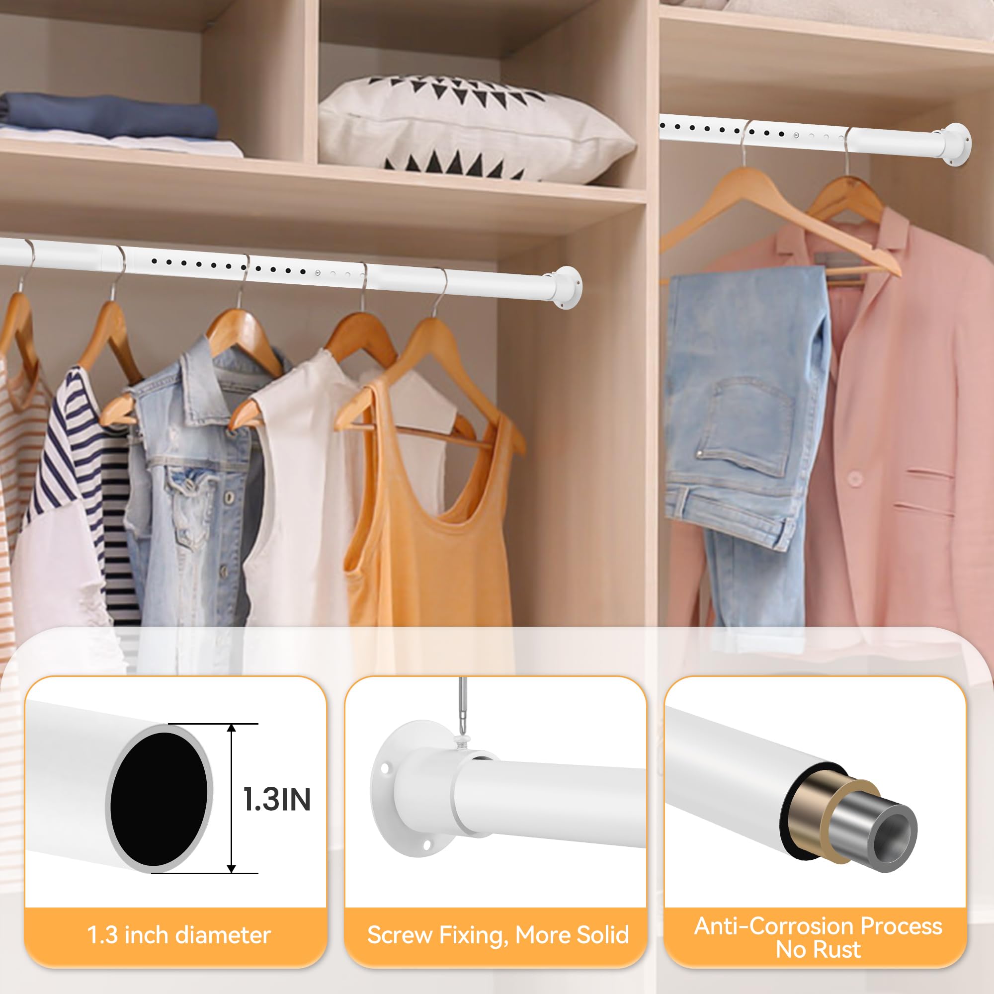 Closet Rods for Hanging Clothes, 1.3 Inch Diameter Heavy Duty Closet Rod 17-87 Inches Adjustable Clothes Hanging Rod White Closet Poles for Wardrobes, Bathroom, Windows