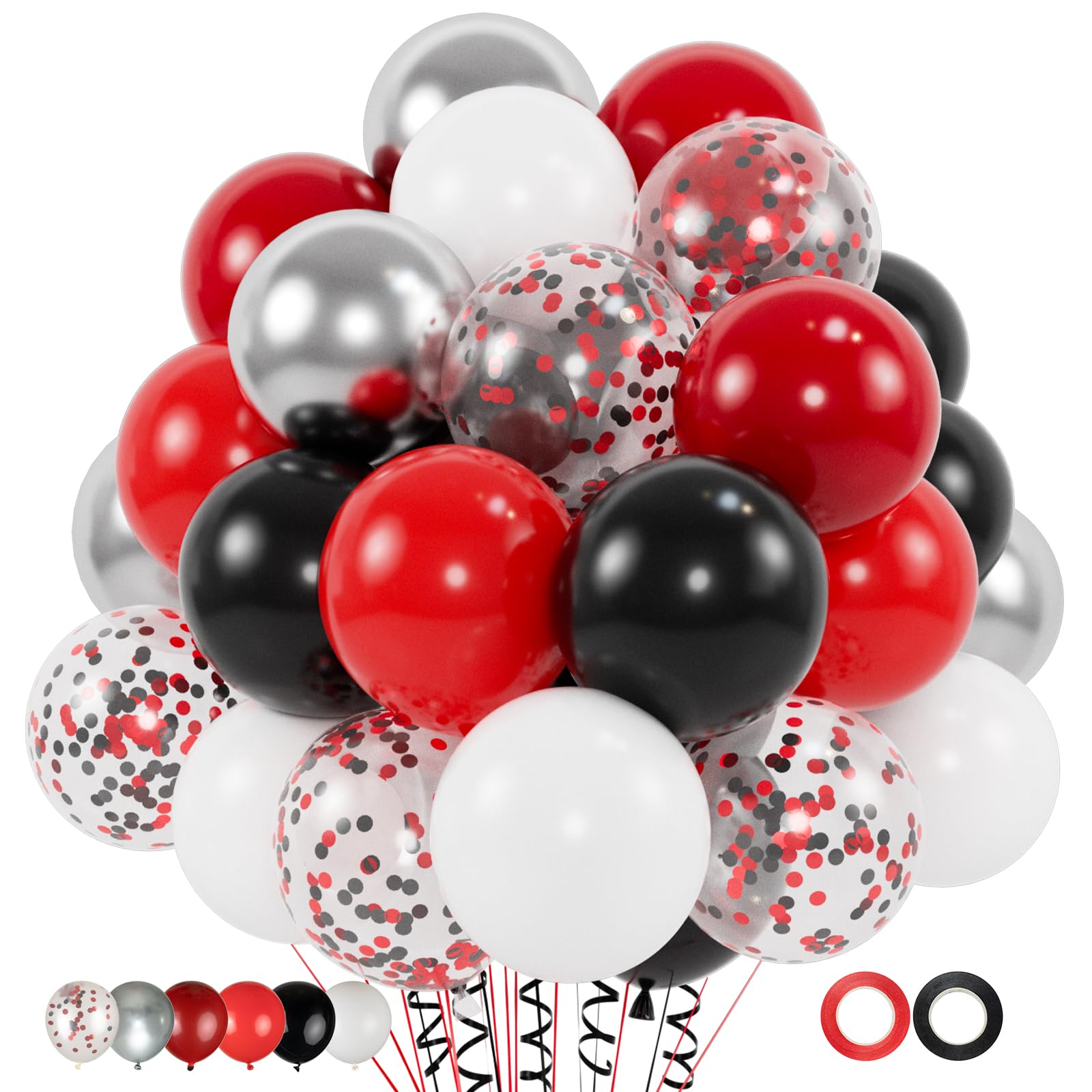 100pcs Red and Black White Balloons Kit, 12inch Black Red White Silver Confetti Balloons for Birthday Racing Car Poker Card Casino Baby Shower Graduation Valentine’s Party Decoration