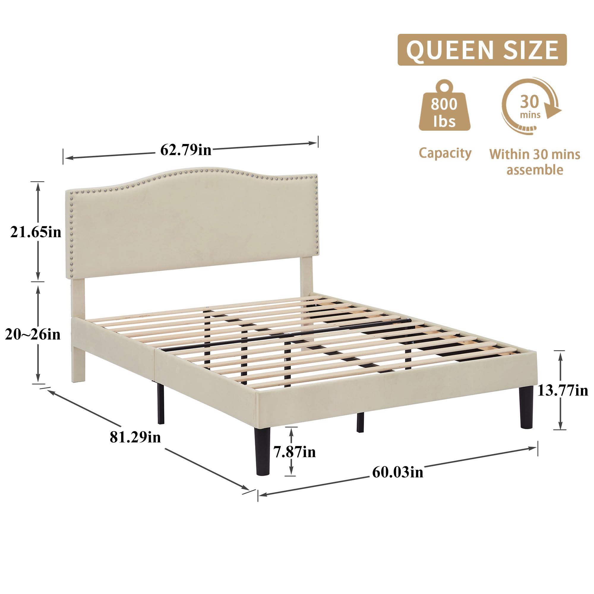 VECELO Queen Bed Frame Platform Bed Frame with Upholstered Headboard, Strong Frame and Heavy-Duty Slats Support, Non-Slip and Noise-Free, Easy Assembly,Beige