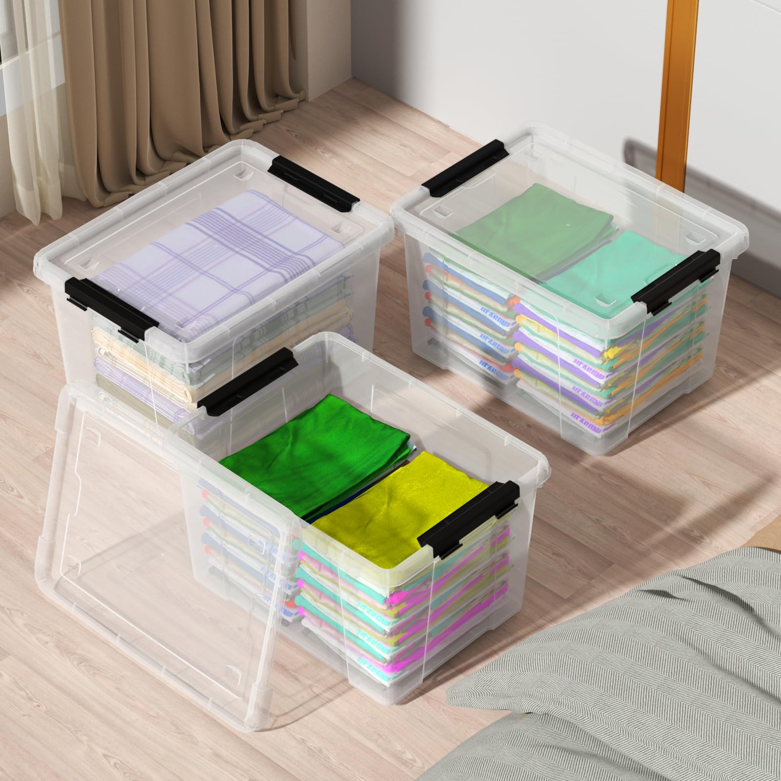 Leendines 4 Pack Plastic Lidded Storage Boxes, 34 Quart Clear Plastic Bins with Wheels