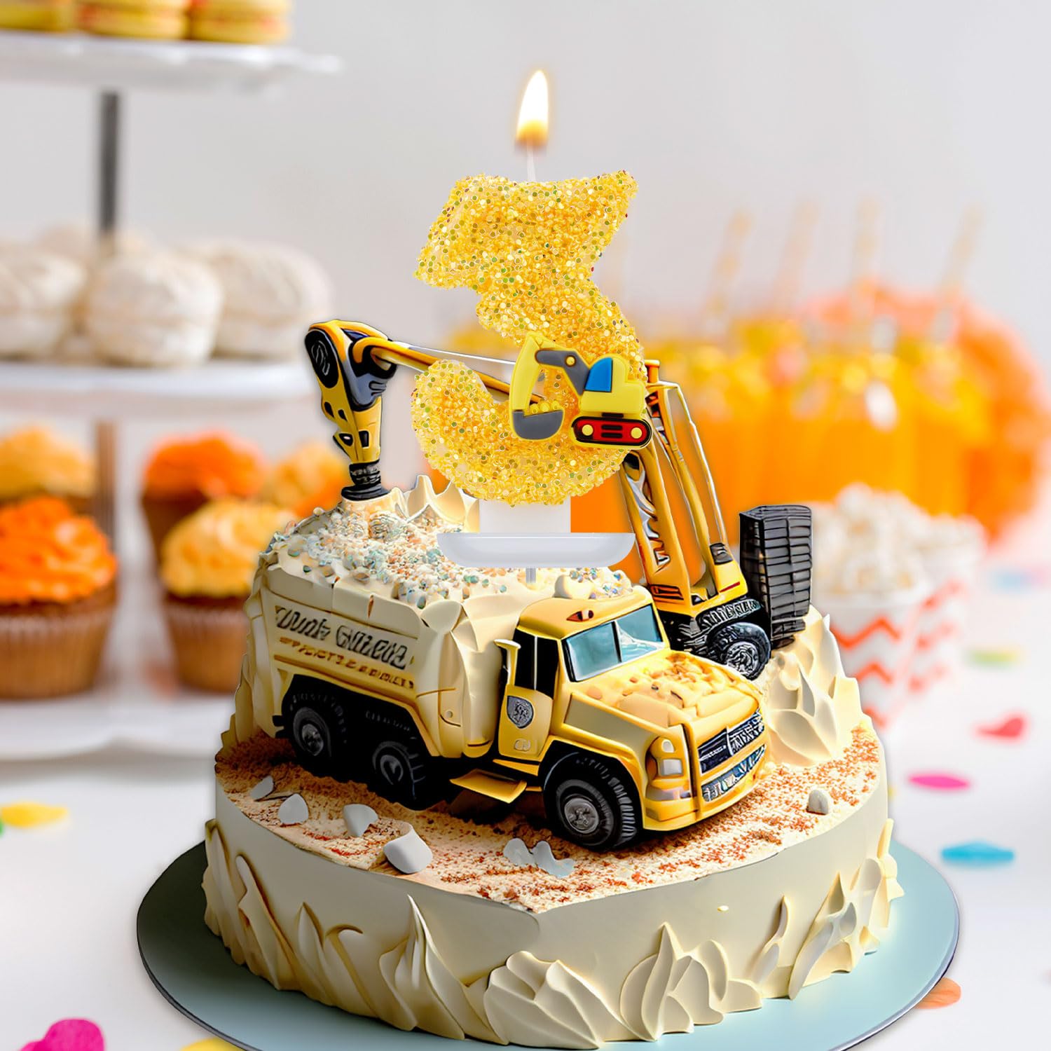 Construction Birthday Candles, Glitter Number Candles for Cake Decorations Yellow Sequined Truck Themed Cupcake Topper for Boys Birthday Party Supplies (Number 3)