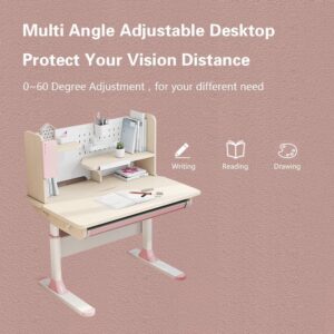 FCD Kids Desk and Chair, Adjustable Height Drafting Table Computer Station with Bult-in Bookshelf, Pull-Out Drawer, Tablet Holder and Tiltable Desktop (Desk and Chair Set, Pink)