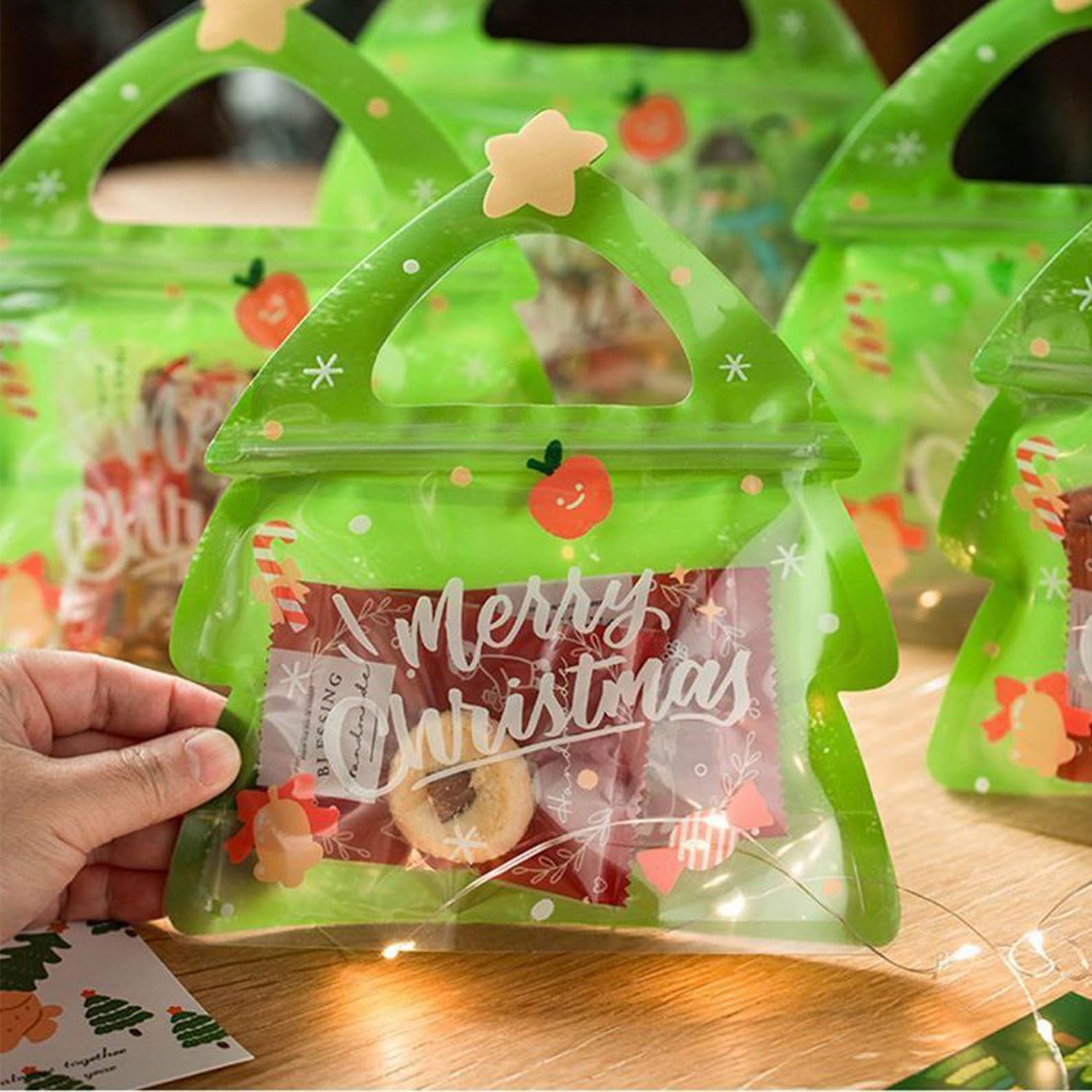 ESUOHYM Christmas Treat Bags For Kids Clear Tree Shaped Ziplock Reusable Goodie Bag Xmas Sealable Bags With Handle For Candy, Cookie, Snack, Party Supplies 10 PCS