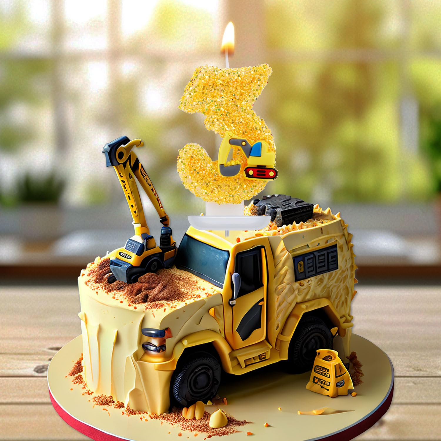 Construction Birthday Candles, Glitter Number Candles for Cake Decorations Yellow Sequined Truck Themed Cupcake Topper for Boys Birthday Party Supplies (Number 3)