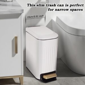 Small Narrow Bathroom Trash Can with Lid Bathroom,1.6 Gallon Stainless Steel Wastebasket with Lid Soft Close,Slim Trash Can with Removable Inner Bucket for Toilet, Bedroom,Office (White)