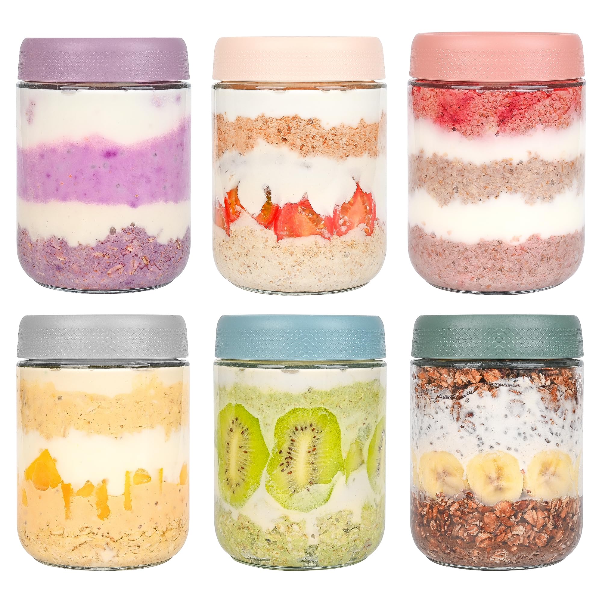 Xileanalee Overnight Oats Containers with Lids 6 Pack-16 Oz Mason Jar with Lids-Overnight Oats Jars Glass Food Storage Containers for Chia Seed Pudding Salad Cereal Coffee Spices