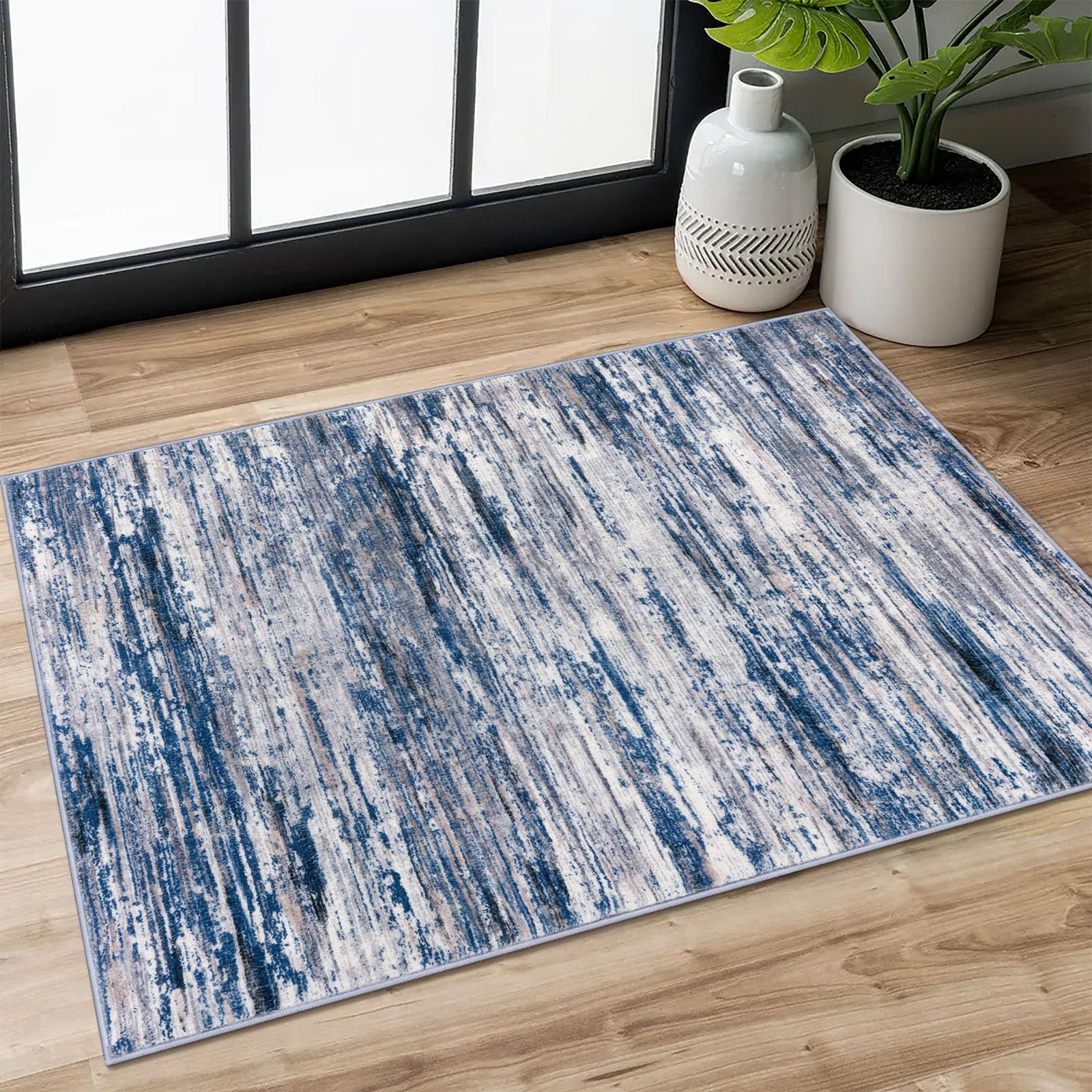 Siiloom 2x3 Navy Blue Gray Neutral Multi Modern Abstract Rug for Entryway, Super Soft Smal Area Rug, Washable Rug with Non-Slip Kitchen Rugs, Low-Pile Mat for Kitchen, Bedside, Indoor Door Mat