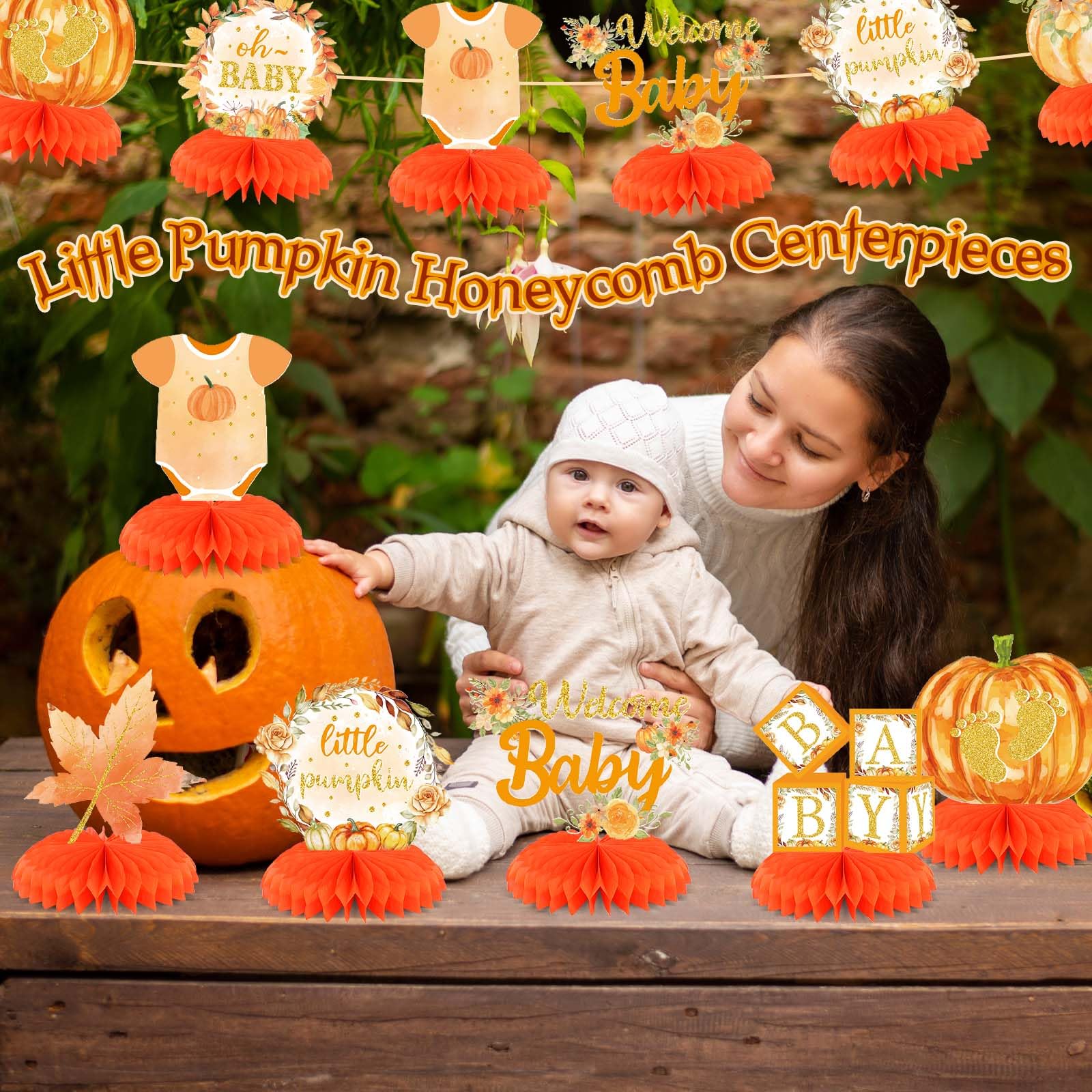 Weecent 8 Pcs Pumpkin Baby Shower Decorations Honeycomb Centerpieces Fall Baby Shower Decorations Table Centerpieces for Fall Thanksgiving Gender Reveal Party Decorations