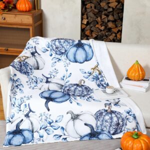 fanfanwin thanksgiving pumpkins throw blanket, chinoiserie blue and white blanket pumpkins blanket thanksgiving soft cozy friends gifts blue blanket for living room couch bed chair or dorm, 50"x60"