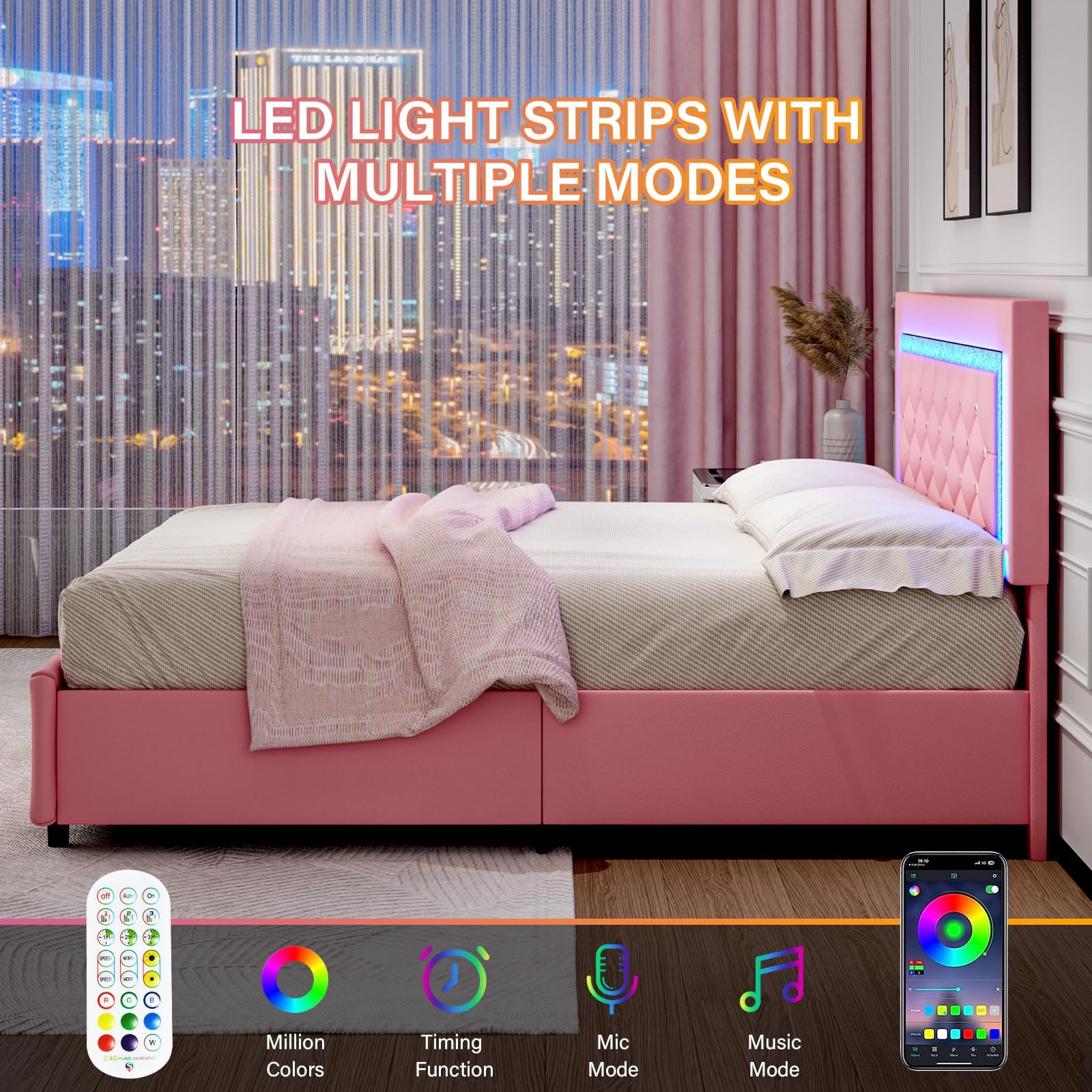 Queen Size Bed Frame with LED Lights, Upholstered Platform Bed with Storage Drawers, Princess Bed with Diamond Headboard and Footboard, No Box Spring Needed, Easy Assembly, Pink