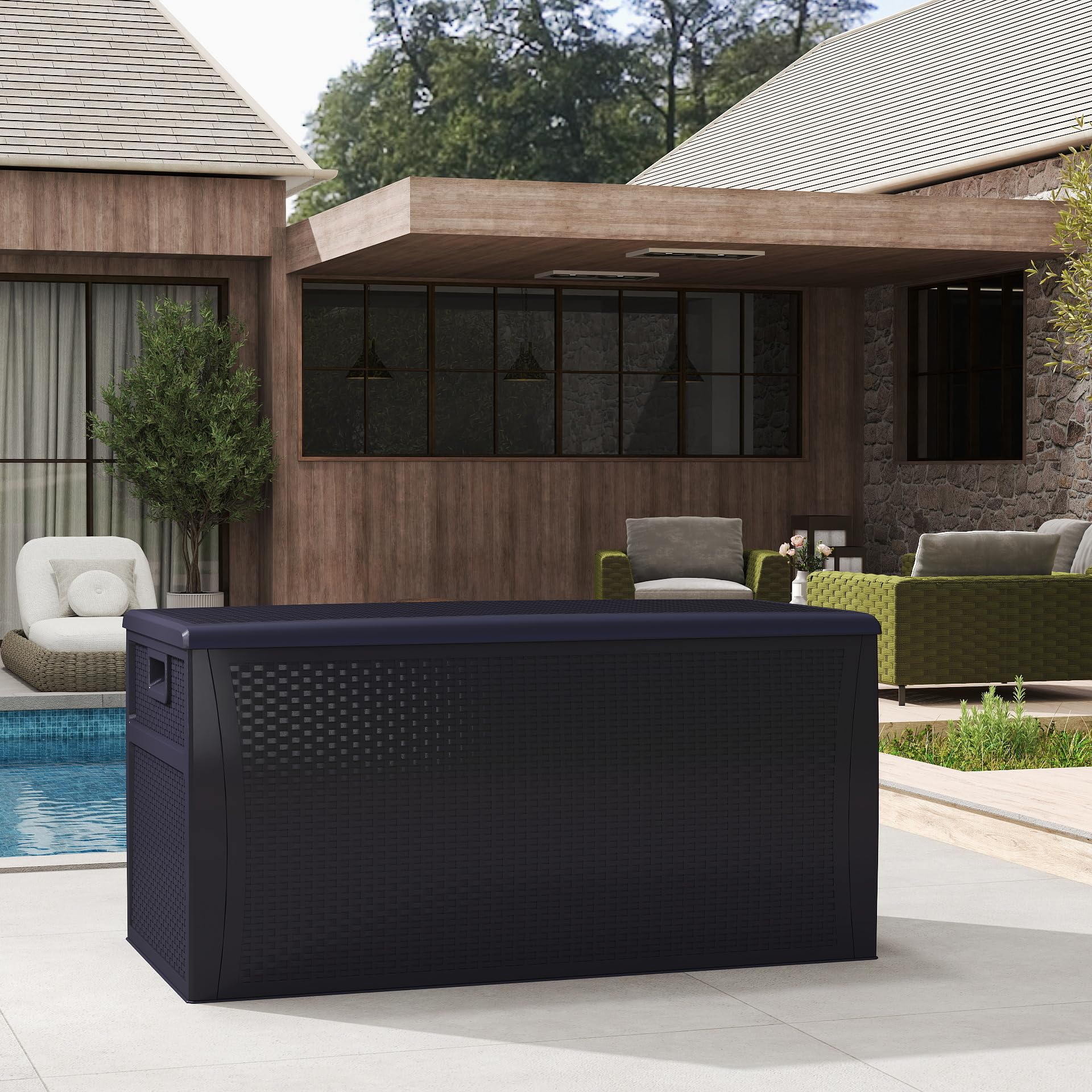 ZYJOYY 120 Gallon Resin Deck Box, Weatherproof Outdoor Storage Box for Patio, Garden, Pool, and Yard, Lockable Waterproof Bin for Tools, Cushions, and Accessories, Black