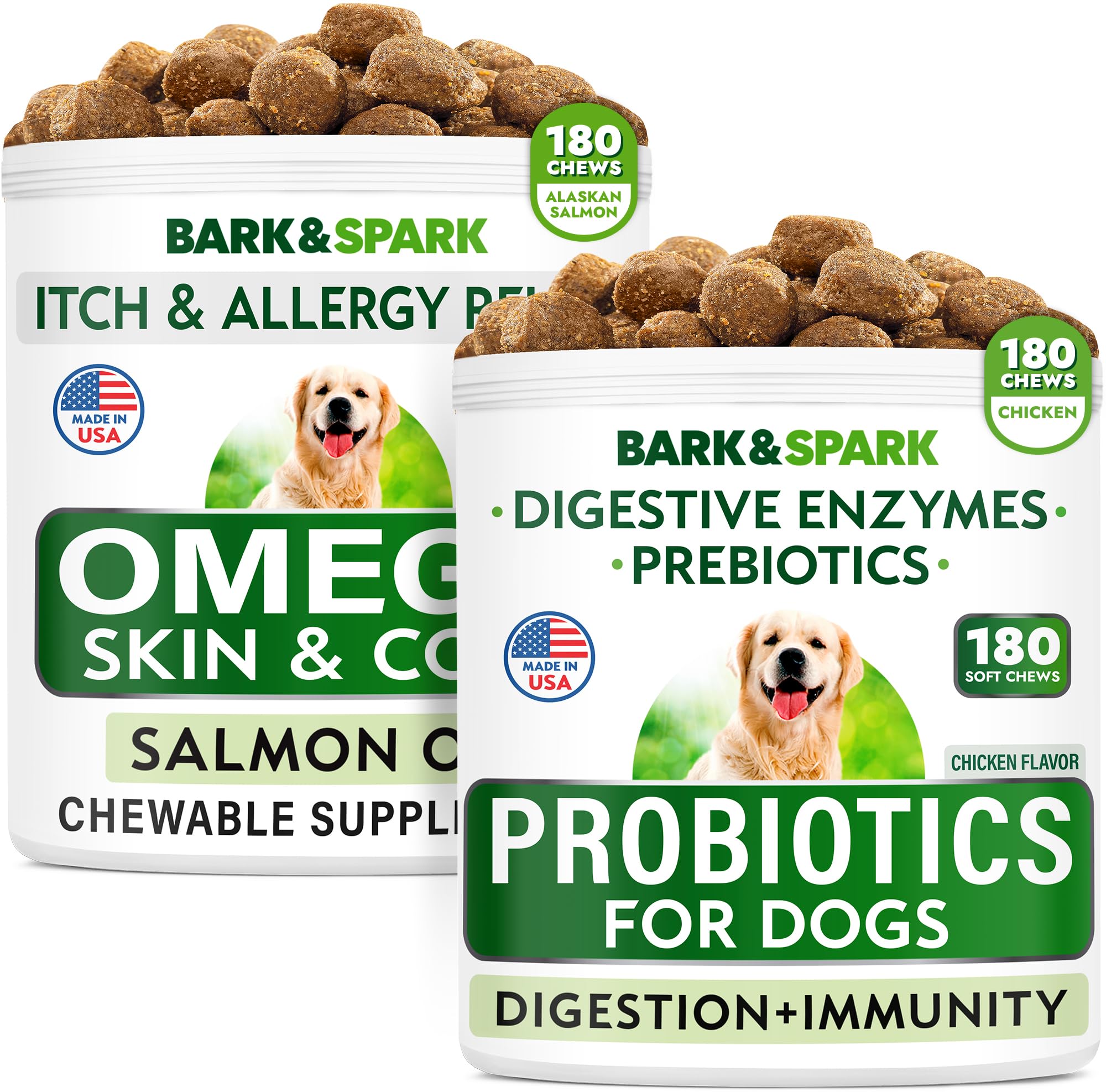 BARK&SPARK Probiotics + Omega 3 for Dogs Bundle - Allergy & Itchy Skin + Skin Allergy - Digestive Enzymes + EPA & DHA Fatty Acids - Stomach Relief + Itch Relief - 360 Chews - Made in USA