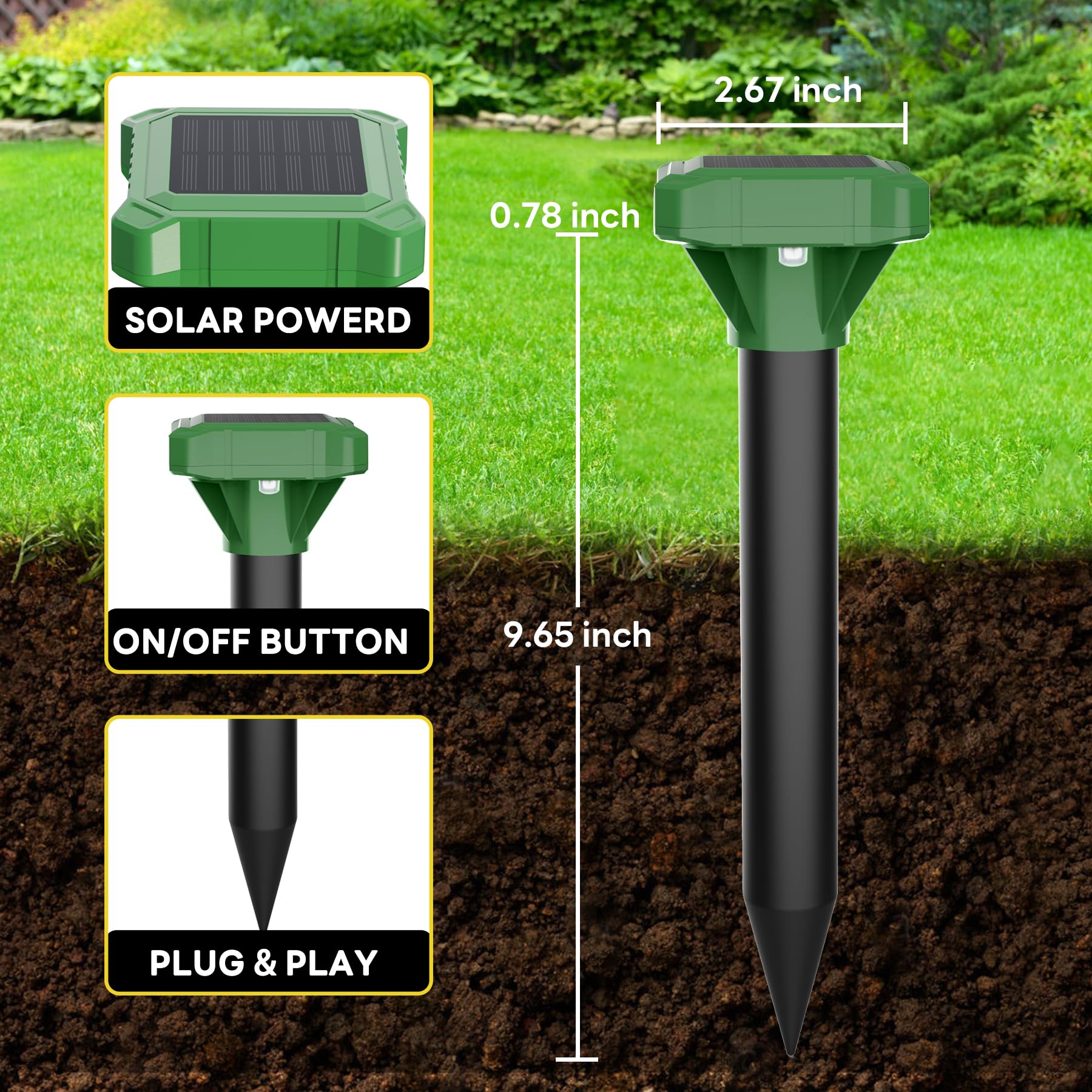 Solar Powered Mole Repellent Gopher Repeller Vole Deterrent for Underground Animals Vibration Stakes Repel Armadillo Groundhog Snake Outdoor Use for Patio Yard Garden Lawn 4 Pack