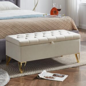 sudwesto modern storage ottoman bench, velvet upholstered ottoman bench with large storage space, end of bed bench with metal legs, tufted bed bench for living room, bedroom, hallway (beige)