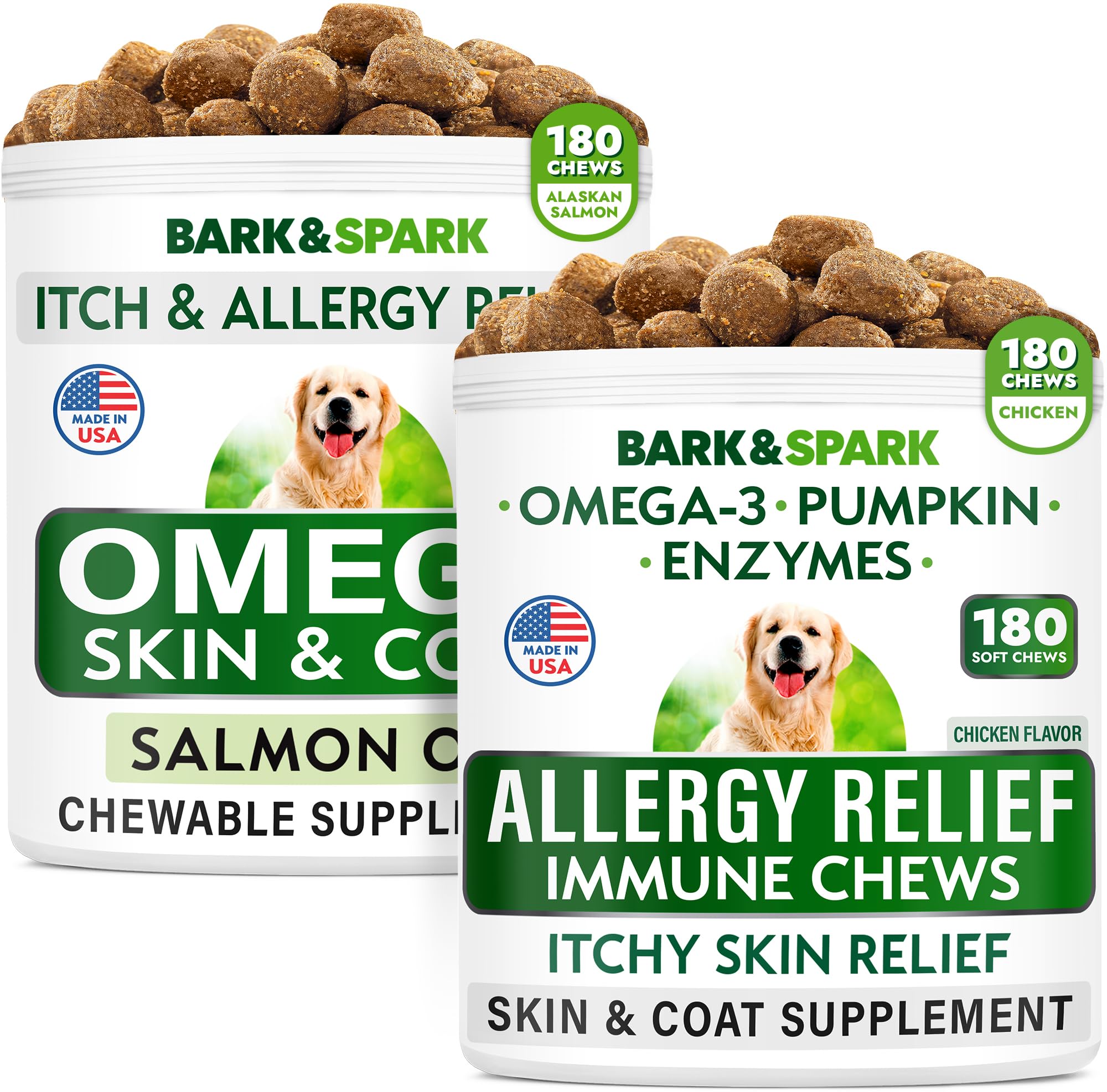 BARK&SPARK Omega 3 + Allergy Relief for Dogs Bundle - Anti-Itch Skin + Skin Allergy - Omega 3 Fish Oil + EPA & DHA Fatty Acids - Itching&Paw Licking + Itch Relief - 360 Chews - Made in USA