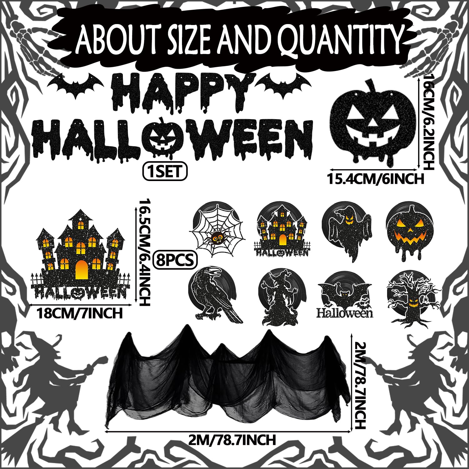 Halloween Party Decorations Set, Halloween Decorations for Office Home, Glitter Happy Halloween Banner Ceiling Hanging Decoration Swirl, Creepy Halloween Cloth, Reusable Halloween Decorations Indoor