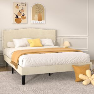 VECELO Queen Bed Frame Platform Bed Frame with Upholstered Headboard, Strong Frame and Heavy-Duty Slats Support, Non-Slip and Noise-Free, Easy Assembly,Beige