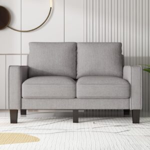 small modern loveseat couch sofa - fabric upholstered 2 seat sofa, solid wood leg, ultra thick cushion, seats storage, compact small space furniture, living room, apartment, light gray