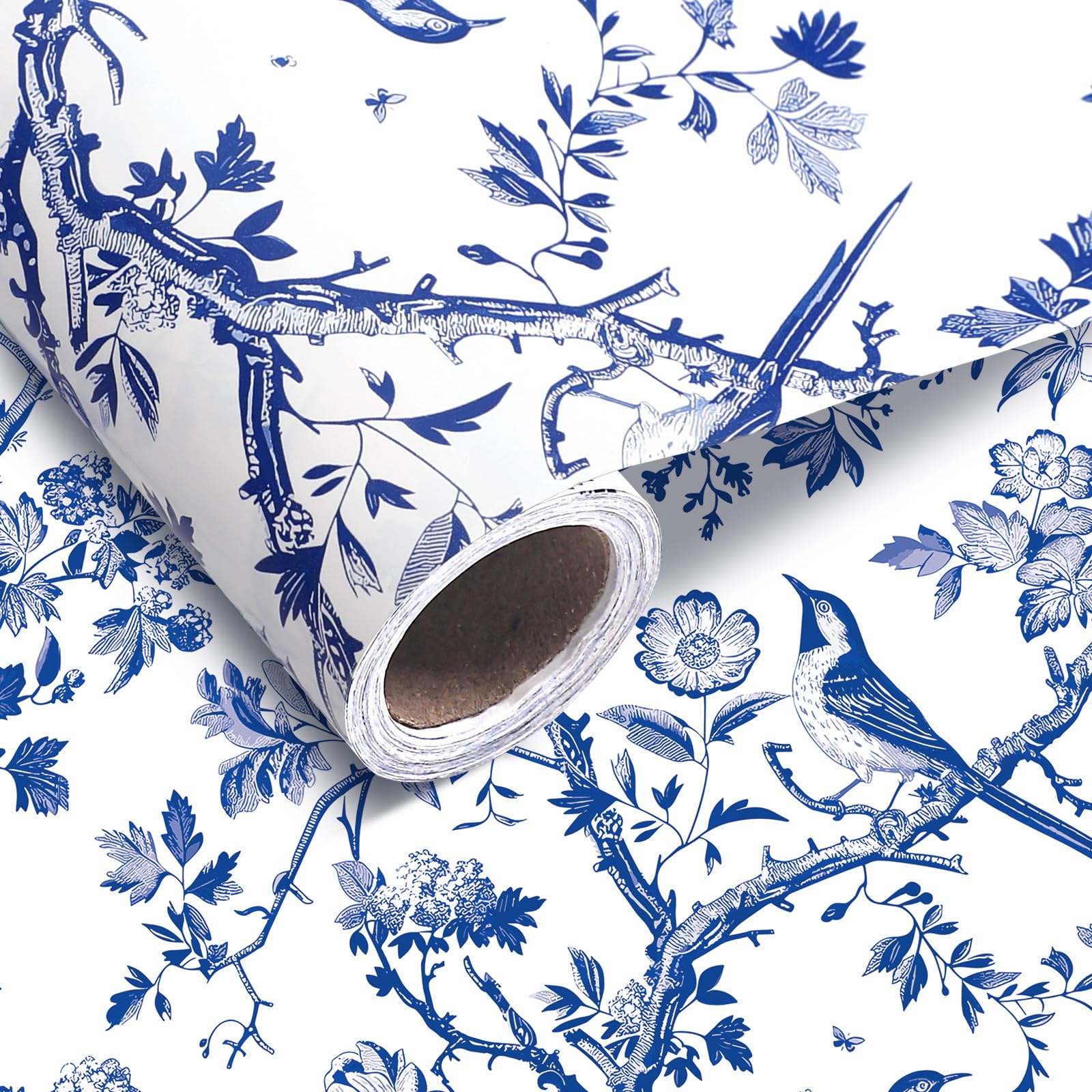 1 Roll Blue Floral Bird Wrapping Paper Mini Roll 17in x 32.8Ft Blue White Flowers Bird Pattern Gift Wrap Paper for Birthday Wedding Baby Shower Party Wrapping Supplies