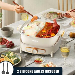 Dezin Hot Pot Electric with Divider, 5.5L Double-Flavor Electric Shabu Shabu Pot, Removable Non-Stick Dual Sided Electric Cooker, 3" Depth Divided Pot with Multi-Power Control, 2 Silicone Ladles