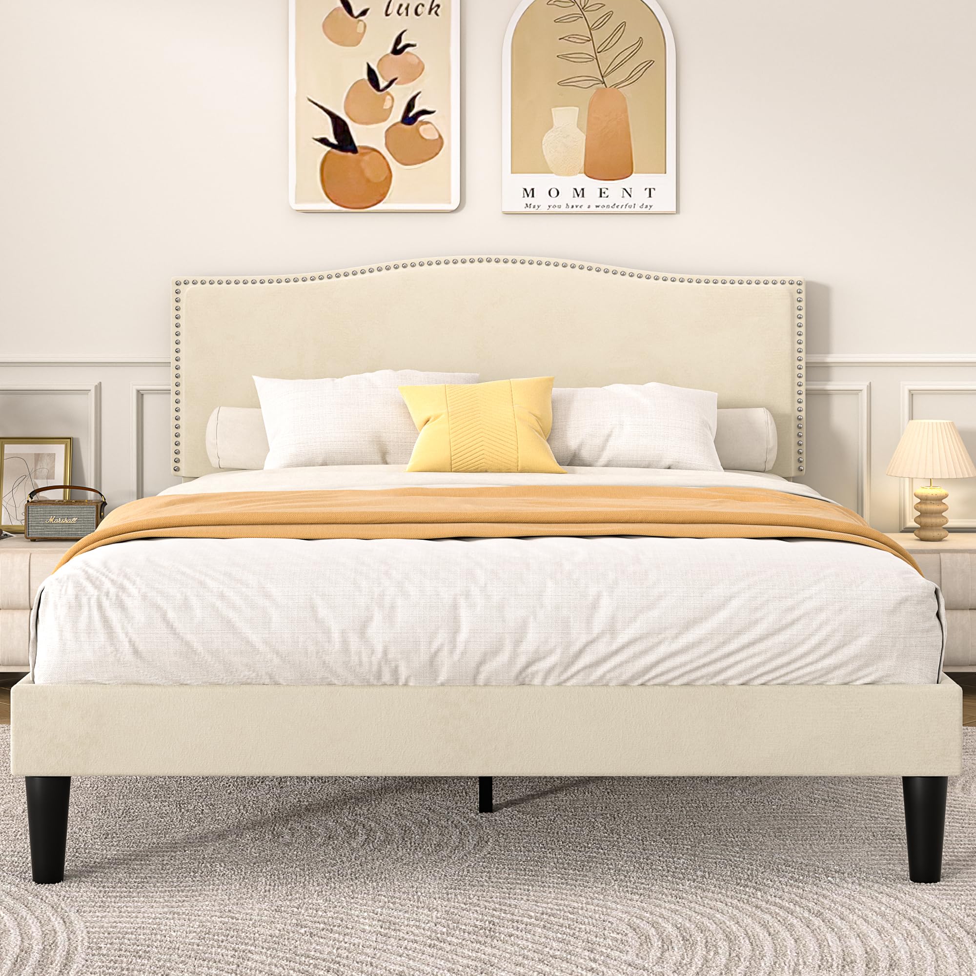 VECELO Queen Bed Frame Platform Bed Frame with Upholstered Headboard, Strong Frame and Heavy-Duty Slats Support, Non-Slip and Noise-Free, Easy Assembly,Beige