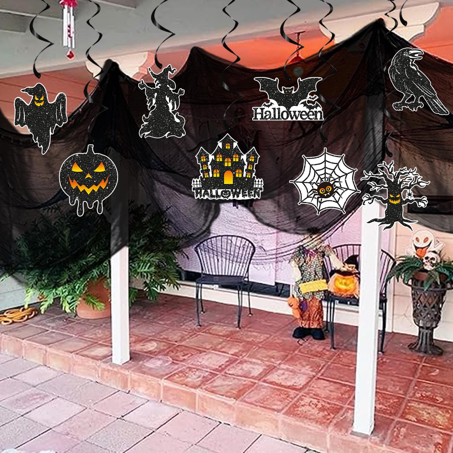 Halloween Party Decorations Set, Halloween Decorations for Office Home, Glitter Happy Halloween Banner Ceiling Hanging Decoration Swirl, Creepy Halloween Cloth, Reusable Halloween Decorations Indoor