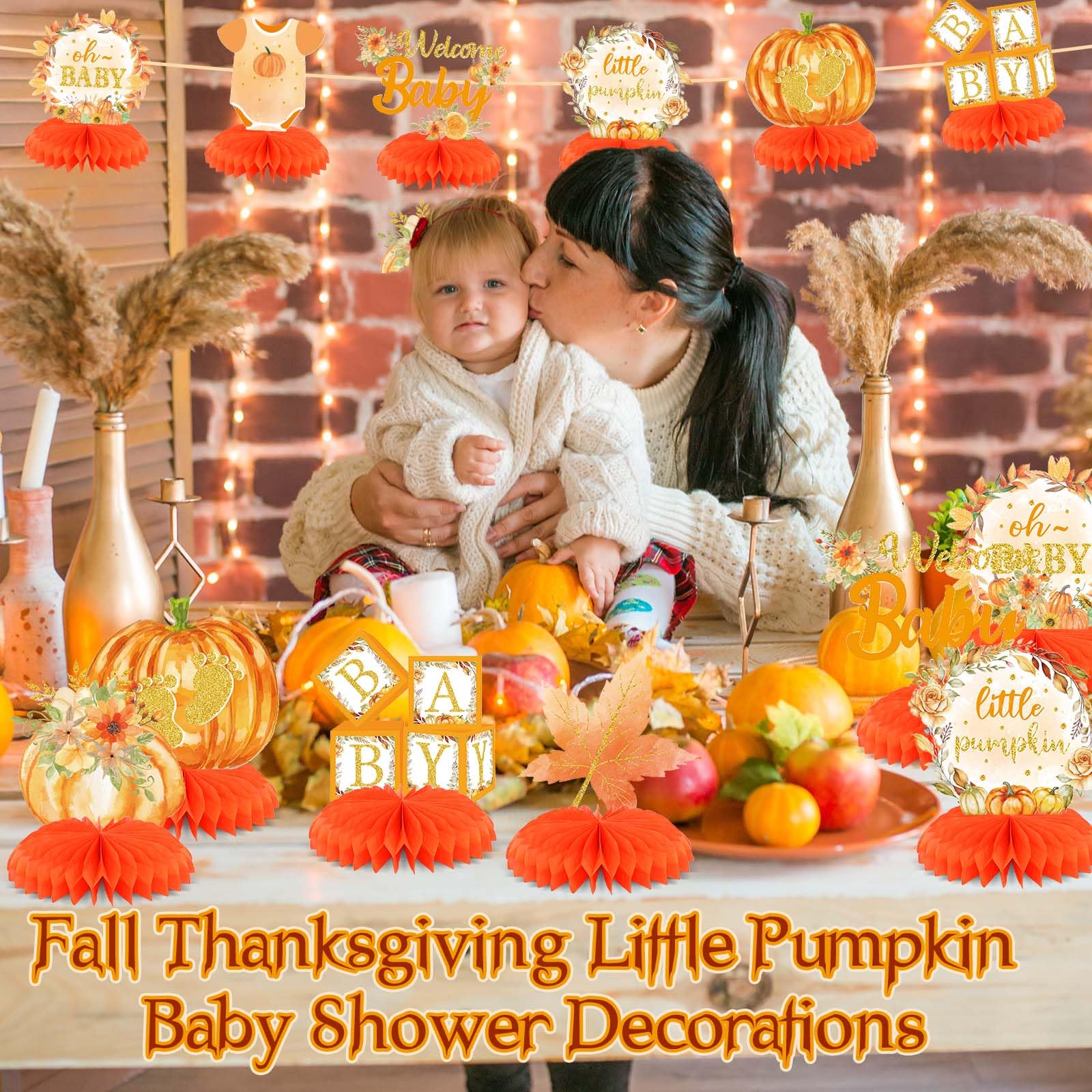 Weecent 8 Pcs Pumpkin Baby Shower Decorations Honeycomb Centerpieces Fall Baby Shower Decorations Table Centerpieces for Fall Thanksgiving Gender Reveal Party Decorations