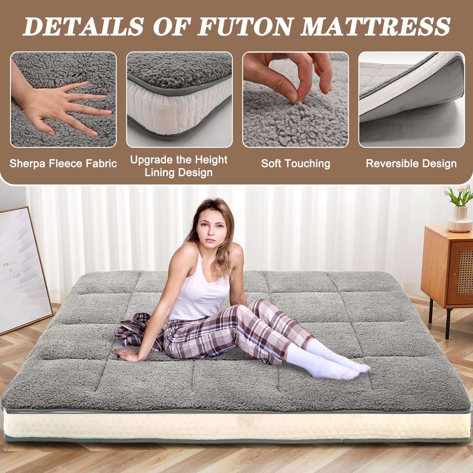 Japanese Floor Mattress, Extra Thick Fluffy Floor Futon Mattress Twin Size, Long Plush Floor Mattress for Adults, Super Soft Fuzzy Bed Mattress Portable Japanese Futon Guest Mattress RV Mattress