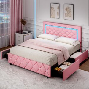 Queen Size Bed Frame with LED Lights, Upholstered Platform Bed with Storage Drawers, Princess Bed with Diamond Headboard and Footboard, No Box Spring Needed, Easy Assembly, Pink