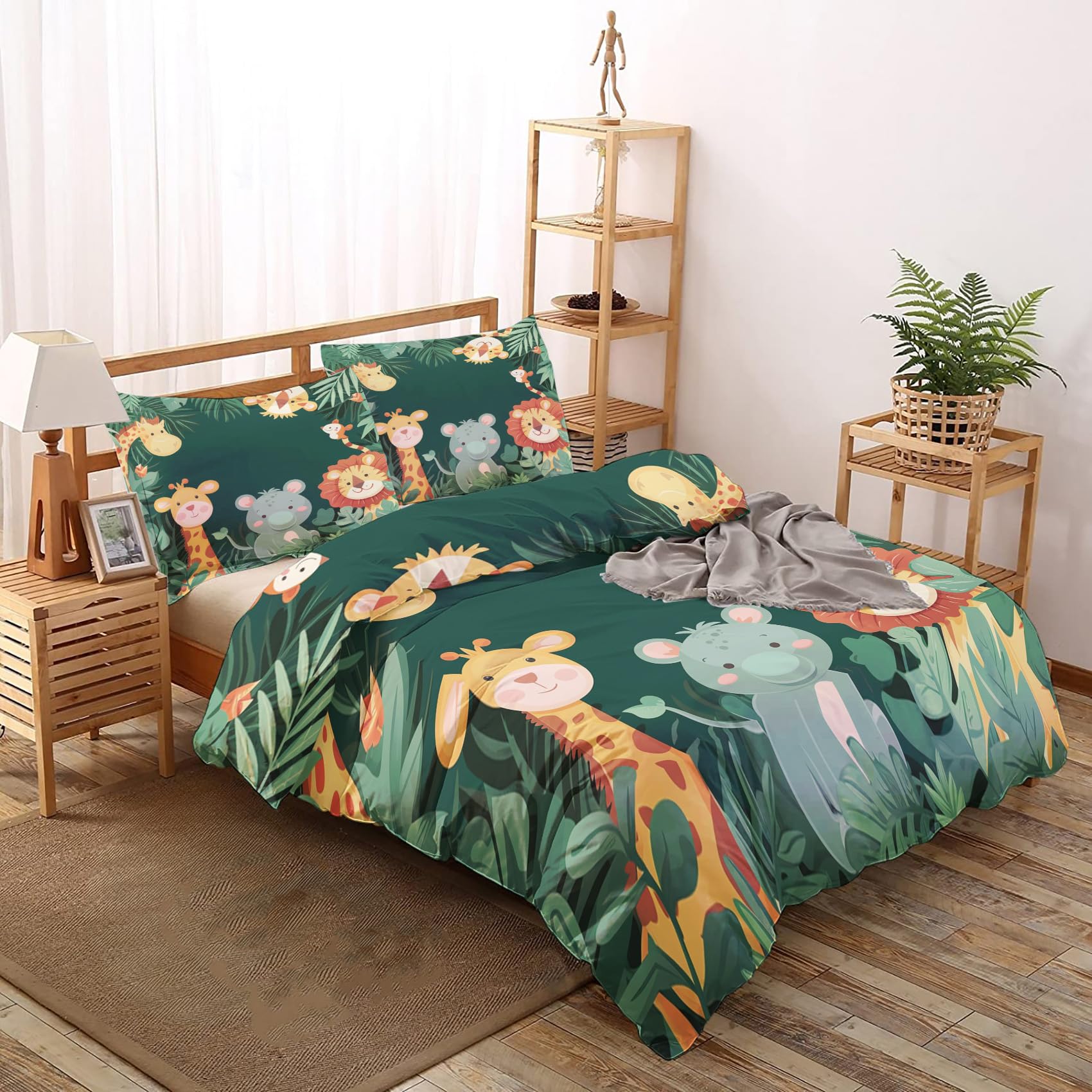 AopGlyvyr Jungle Zoo Duvet Cover Twin Size, Cartoon Animal Comforter Cover, Cute Bedding Set, Breathable Duvet Cover with Zipper Closure, 3 Pieces with 1 Duvet Cover and 2 Pillowcase