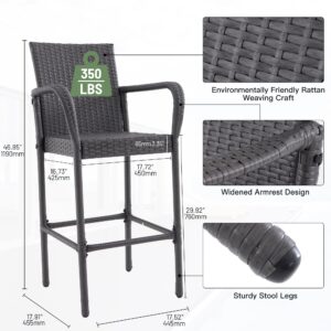 Outdoor Bar Stools Set of 2, 2-Piece Patio Bar Stools with Armrests, All Weather Rattan Bar Chairs with Backrest, Wicker Bar Stools for Backyard, Garden, Pool, Balcony and Deck, Dark Grey