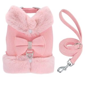 didog cute small dog harness and leash set, winter warm dog harness with bow tie, adjustable soft padded puppy vest with removable plush collar for xs small and medium sized dogs (pink, m)