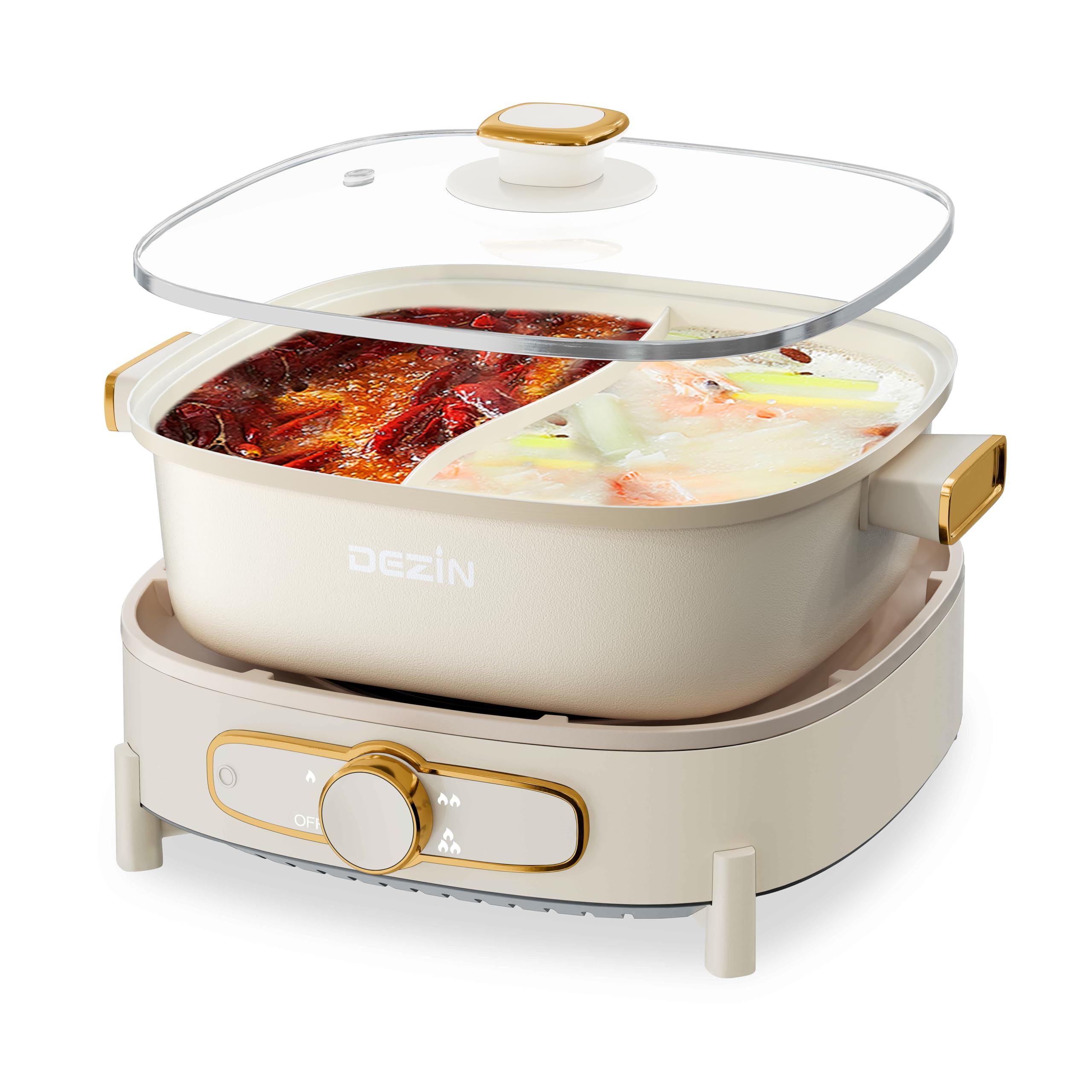 Dezin Hot Pot Electric with Divider, 5.5L Double-Flavor Electric Shabu Shabu Pot, Removable Non-Stick Dual Sided Electric Cooker, 3" Depth Divided Pot with Multi-Power Control, 2 Silicone Ladles