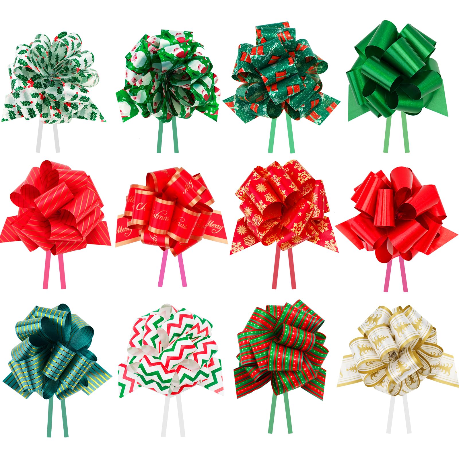 KINGLAKE Christmas Pull Bows 24PCS Bows for Gift Baskets Wrapping Large 5” Wide Christmas Tree Bows for Present Wrap, 12 Multicolor Christmas Bows