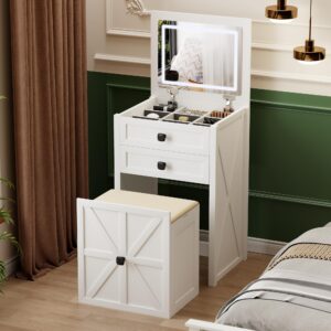 fredees farmhouse 3 in 1 vanity desk with mirror,small makeup vanity set with soft light, space-saving makeup vanity with storage compartment and padded stool,dressing table for bedroom,white