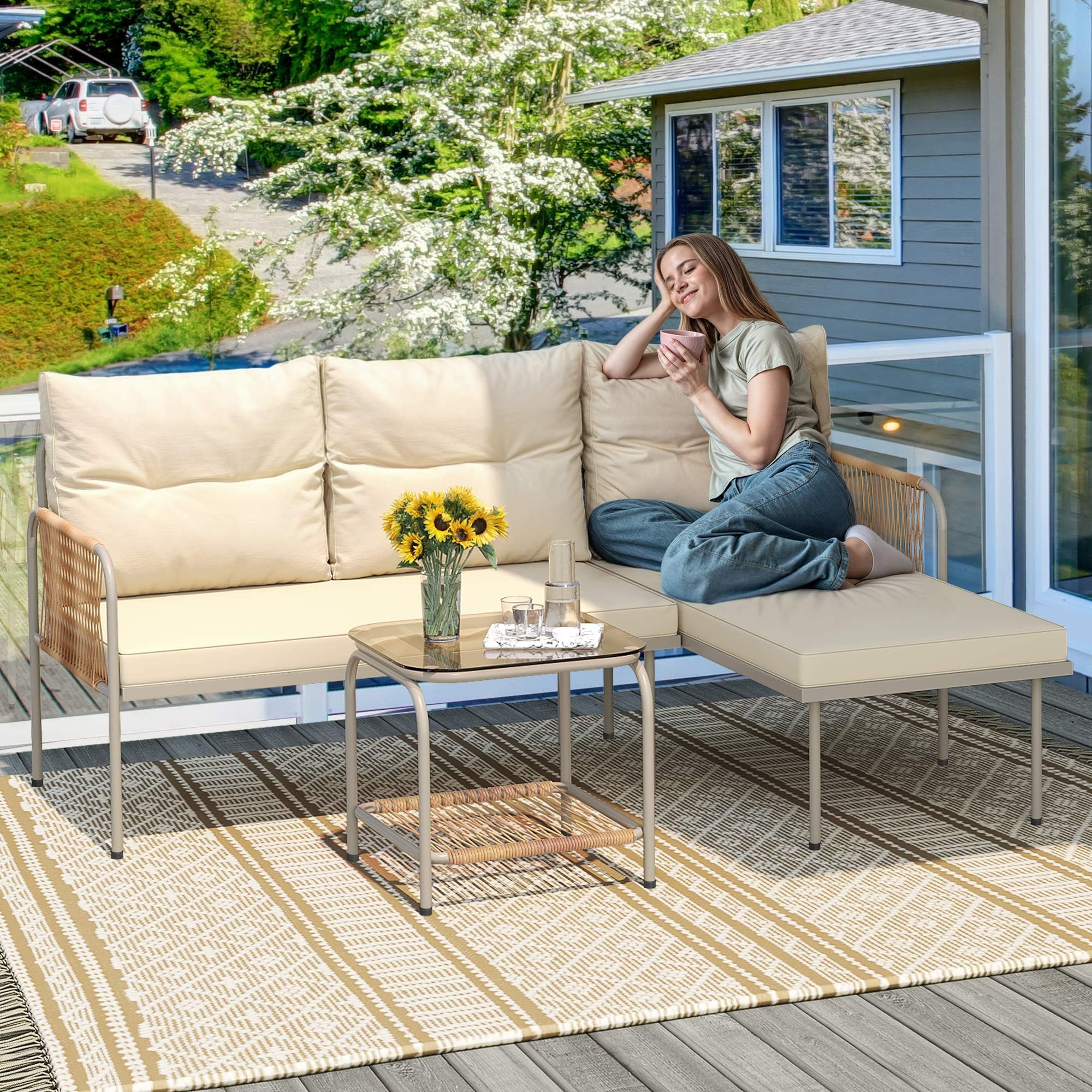 YITAHOME 3 Pieces Patio Furniture Set, Outdoor Wicker Conversation Set, All-Weather Rattan Sectional L-Shaped Sofa Detachable Lounger with Cushions and Coffee Table for Backyard, Porch, Boho - Beige