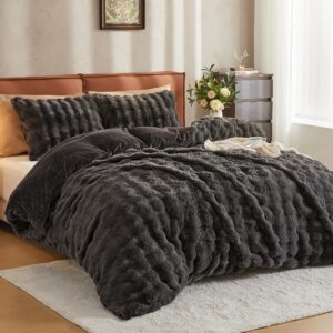 jellymoni grey fluffy duvet cover set king size, luxury soft faux rabbit fur comforter cover, 3 pieces cozy plush long shaggy fluffy bedding set with zipper closure, comforter not included