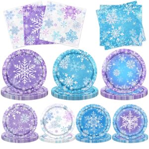 frozen plates and napkins-61pcs winter wonderland snowflake tableware for christmas winter holiday,birthday,baby shower